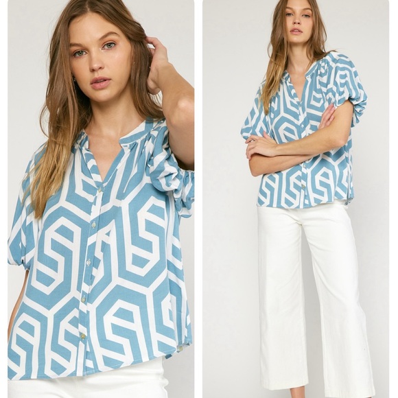 entro | Tops | Entro Geometric Blouse With Puffy Sleeves | Poshmark